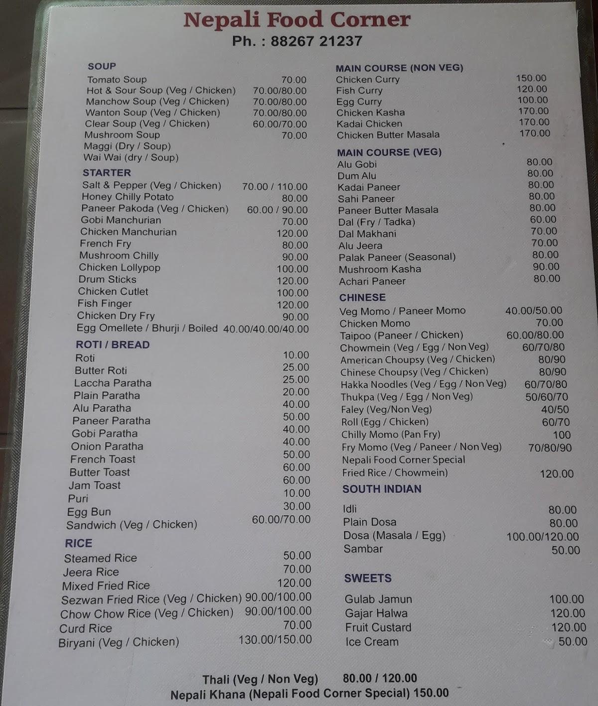 Menu at Nepali food corner, Siliguri, Junction