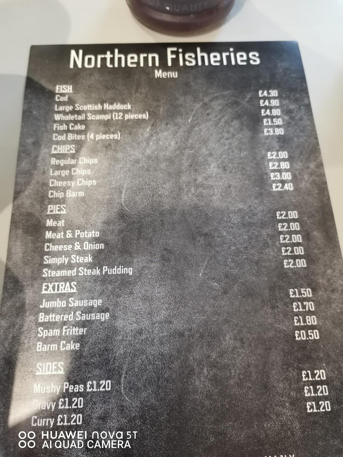 Menu at Northern Fisheries chip shop restaurant, Manchester