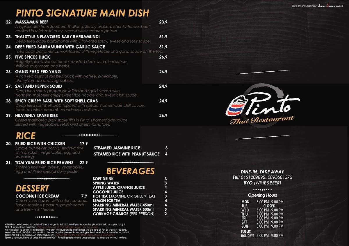 Menu at Pinto Thai Restaurant, Kensington