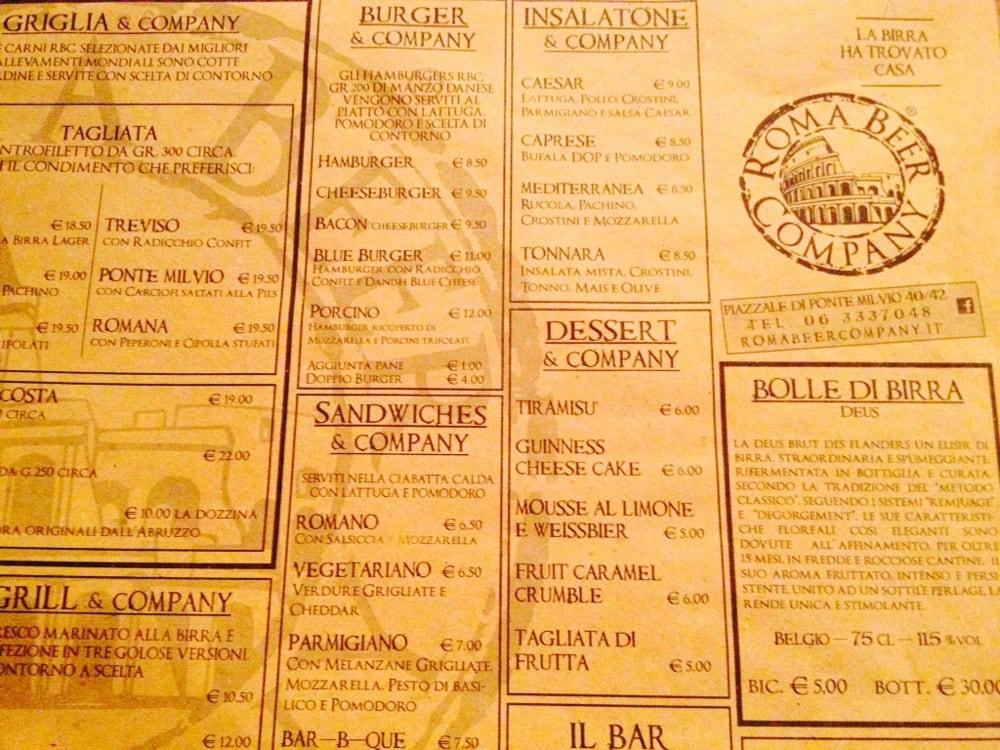 Menu at Roma Beer Company pub & bar, Rome, Piazzale di Ponte Milvio
