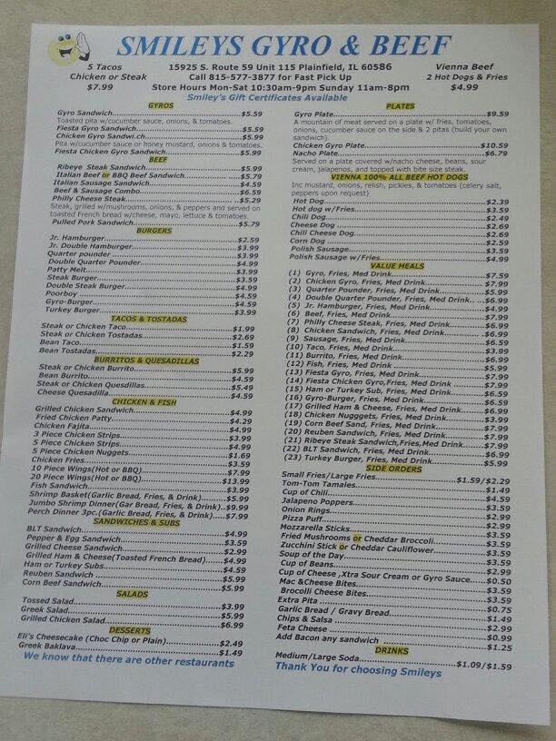 Menu at Smiley's Gyros & Beef fast food, Plainfield