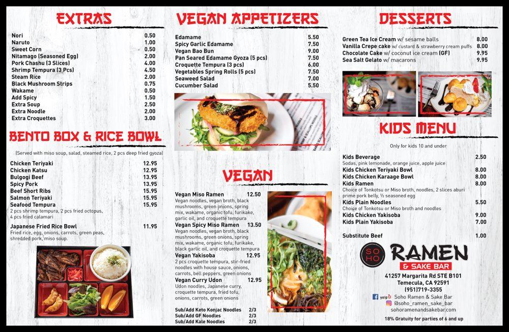 Carta de Soho Ramen & Sake Bar, Temecula
