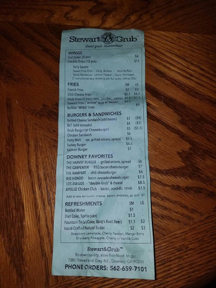 Menu at Stewart & Grub restaurant, Downey