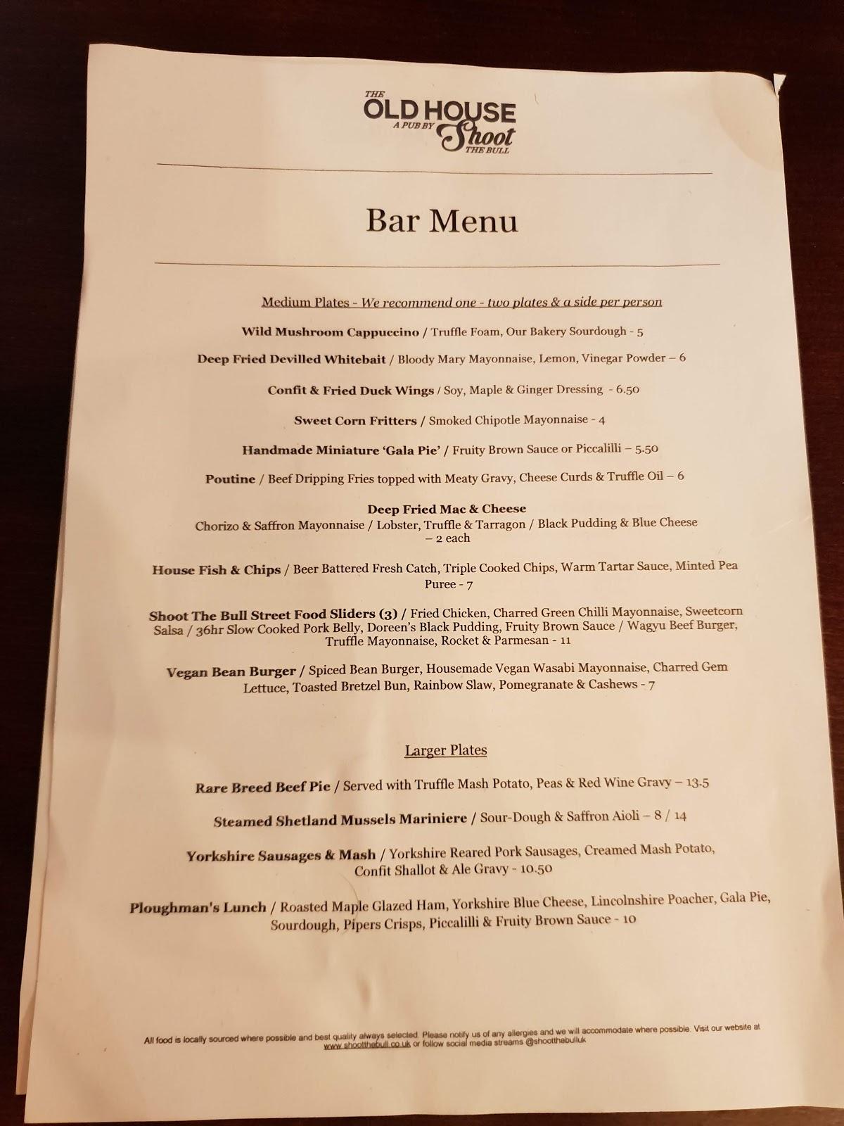 Menu at The Old House restaurant, Hull