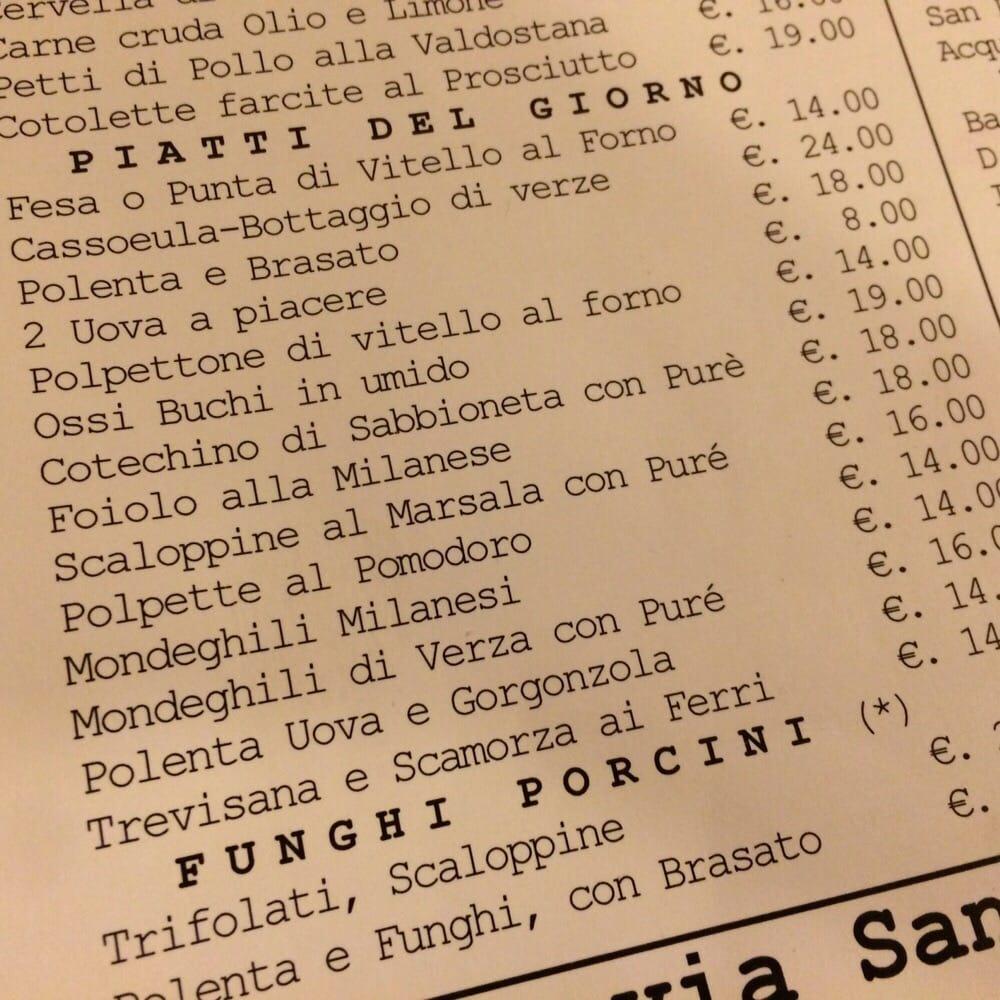 Menu at Trattoria Milanese cafe, Milan, Via Santa Marta