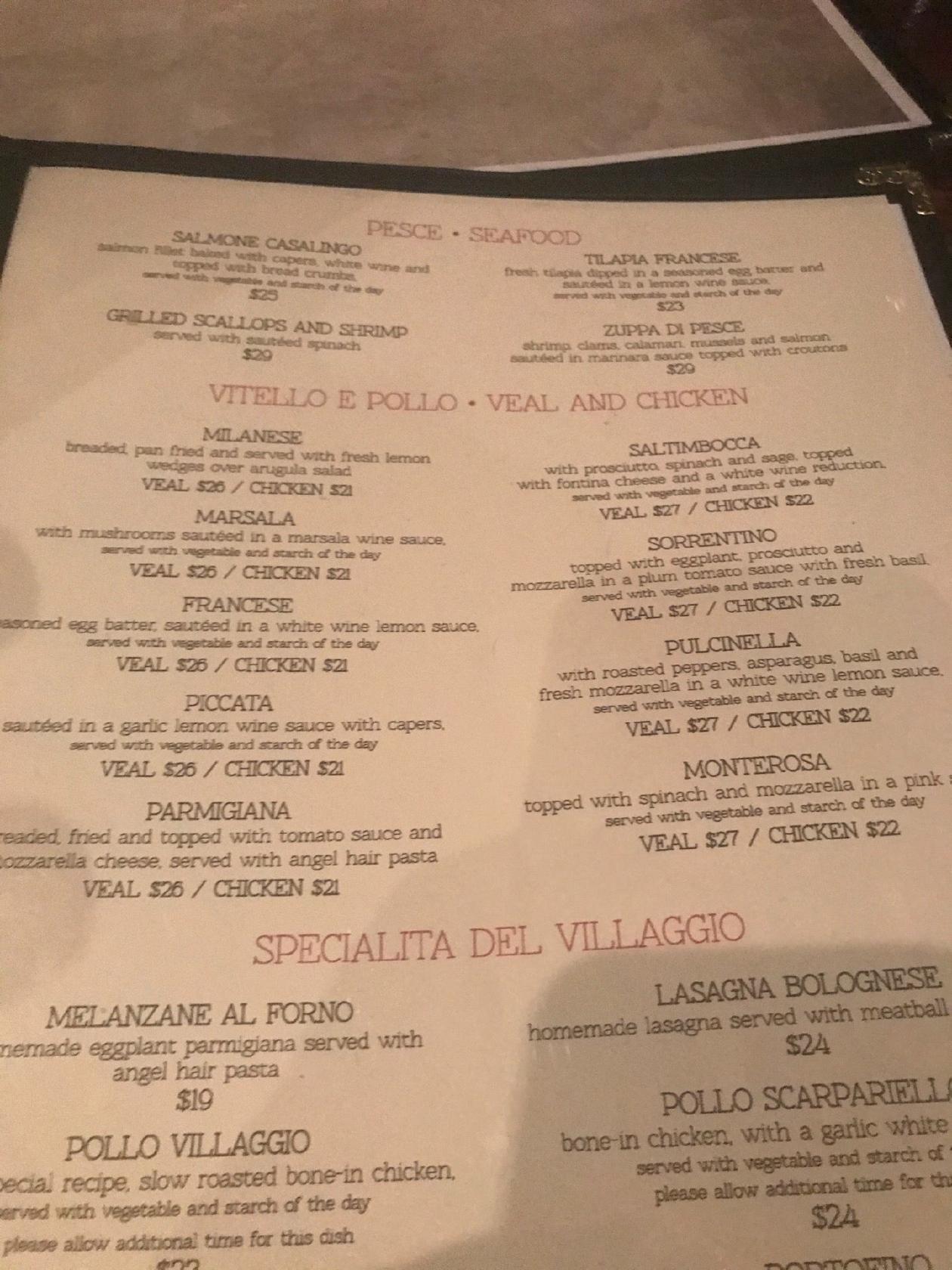 Menu at Villaggio restaurant, Lahaska