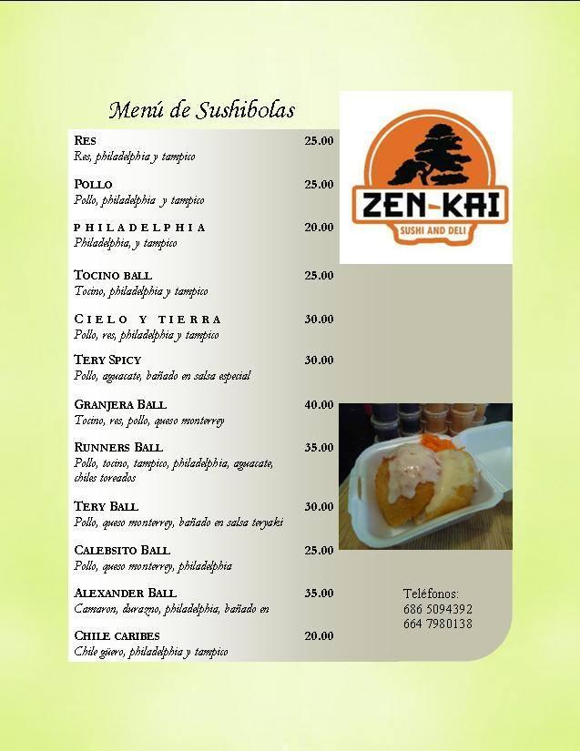 Menu at Zen kai sushi restaurant, Tijuana