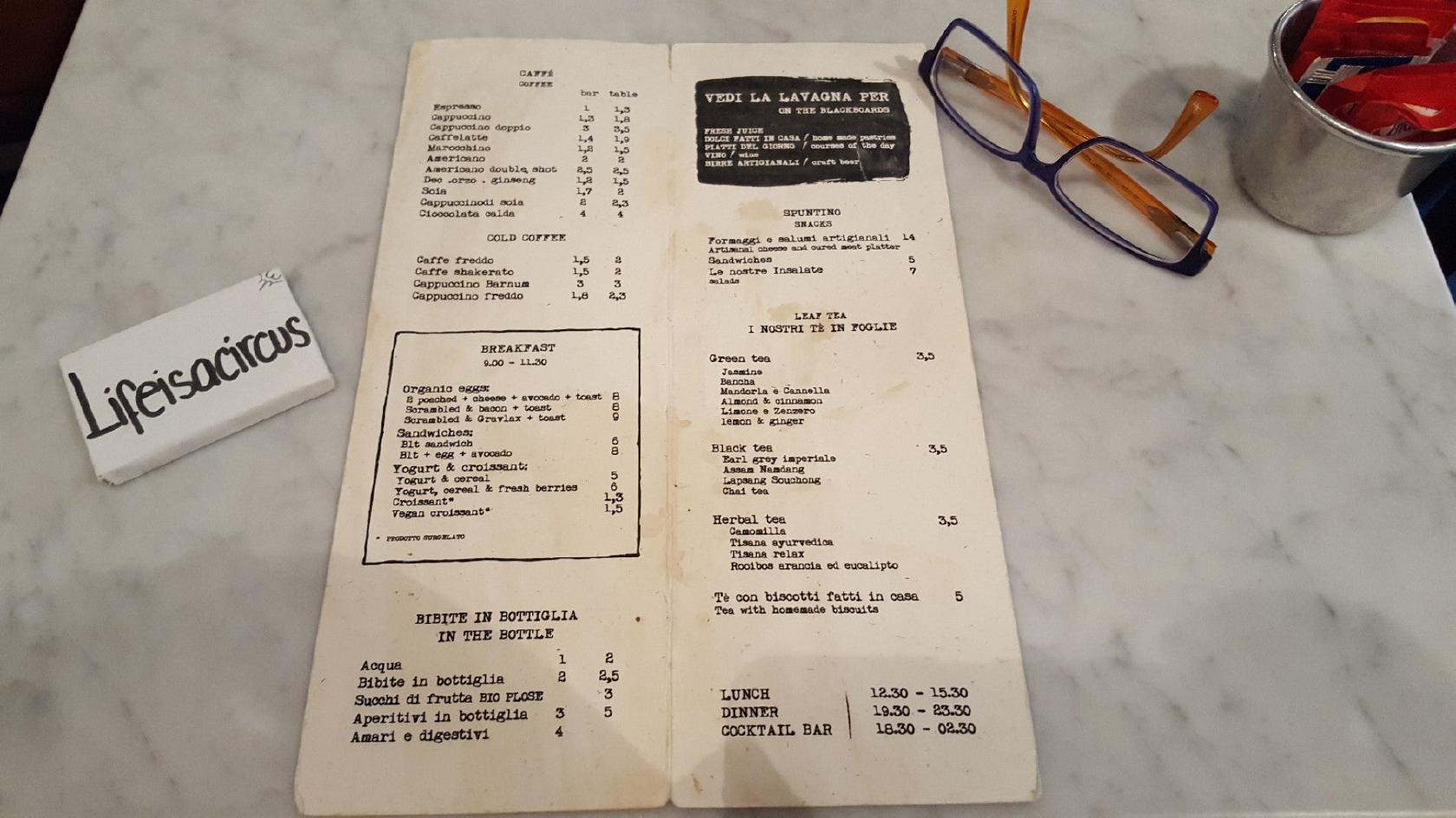 Menu at Barnum Roma, Rome