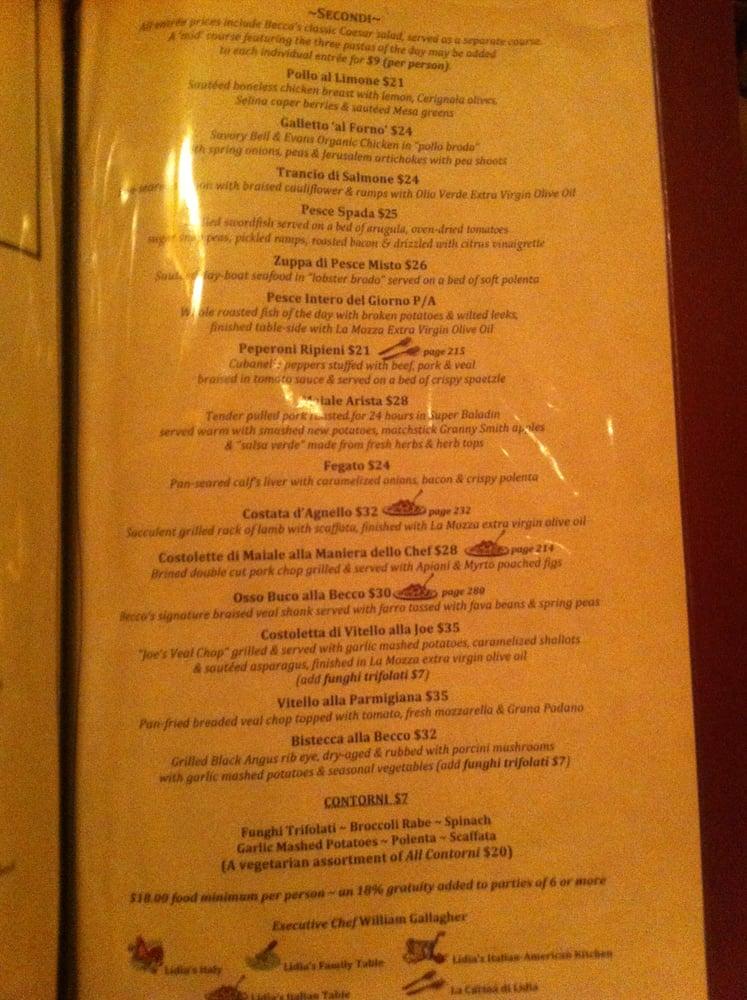 Menu at Becco restaurant, West New York