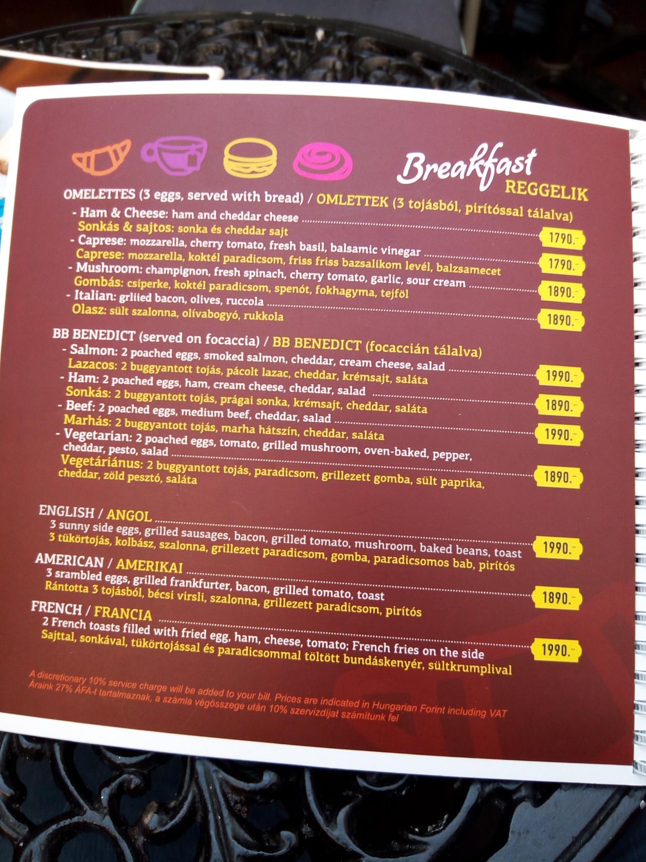 Menu at Blue Bird Cafe, Budapest, Király u. 13V