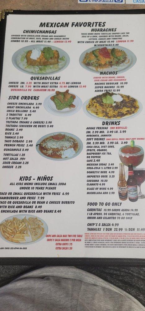 Menu at Casa Mota restaurant, Riverside