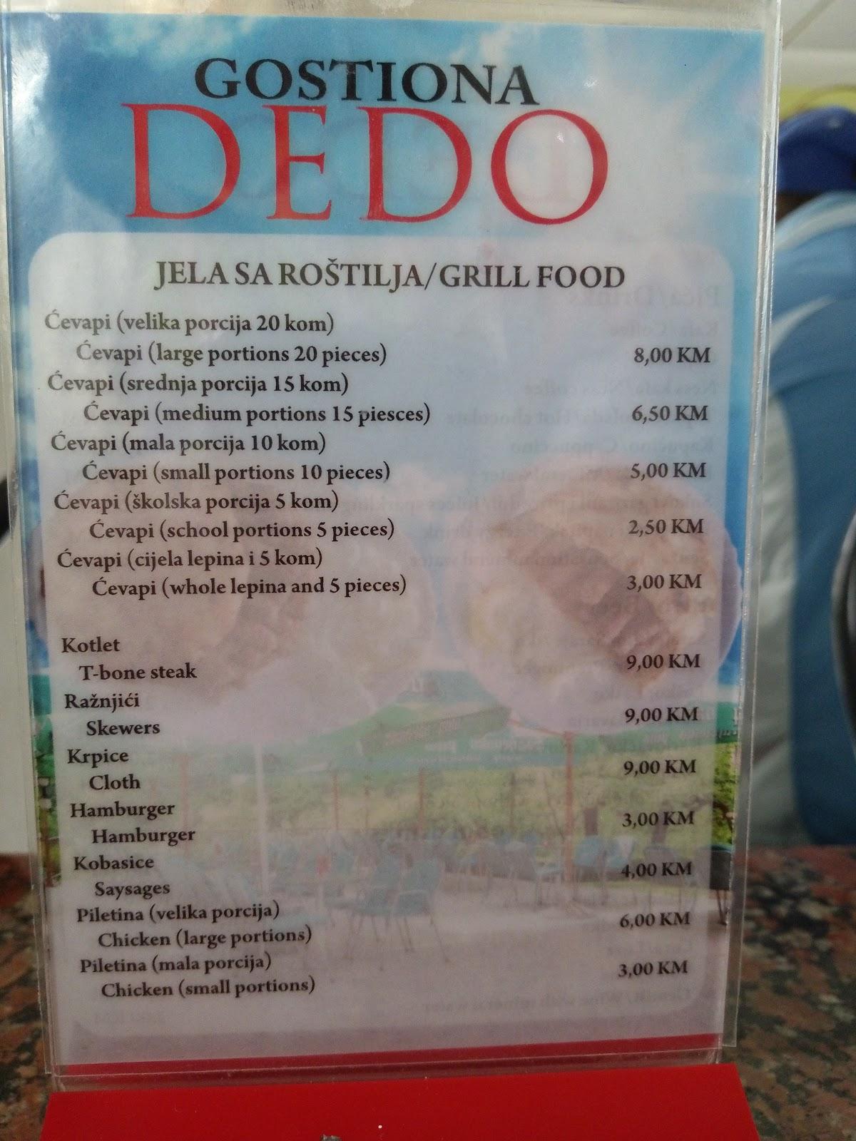 Menu at Cevabdzinica Dedo restaurant, Jajce