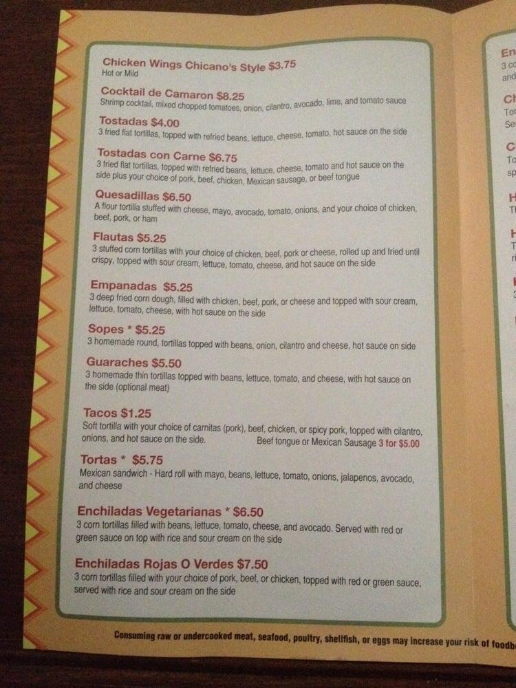 Menu at Chicano's Restaurant, Scranton, 427 Cedar Ave
