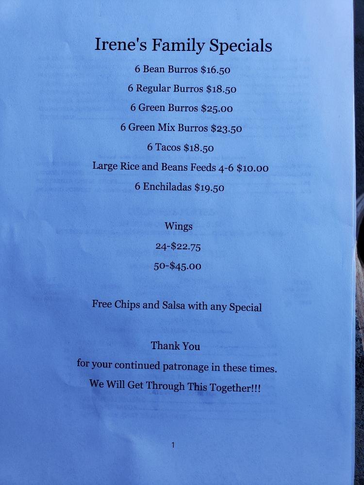 Menu at Irene's Real Mexican Food restaurant, Globe