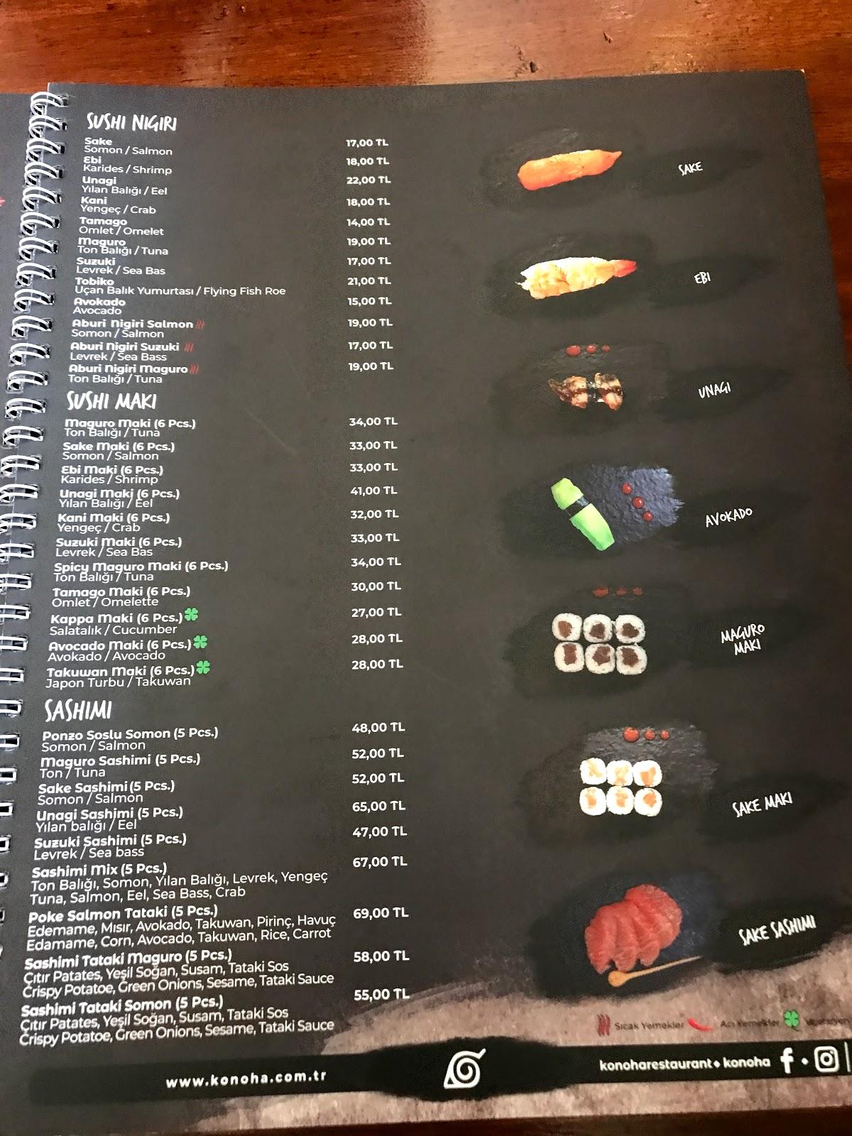 Menu at Konoha Etiler, Istanbul