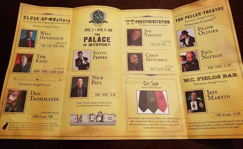 Menu at The Magic Castle club, Los Angeles