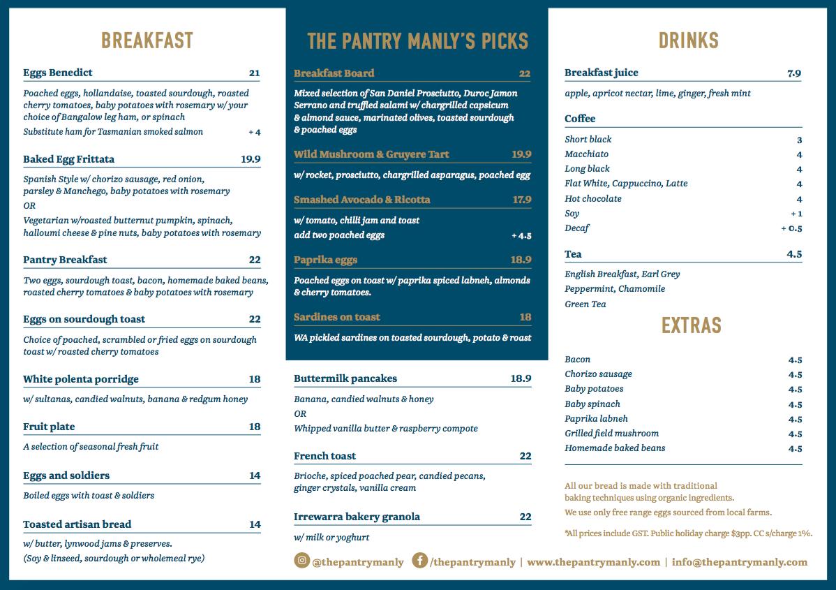 Menu at The Pantry Manly restaurant, Manly