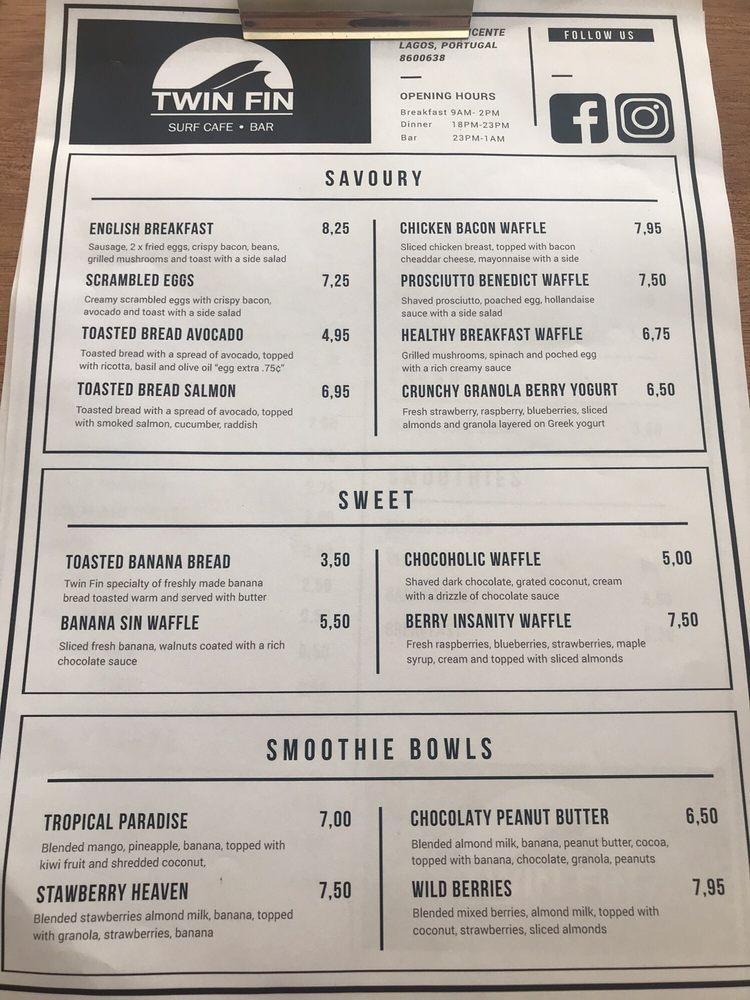 Menu at Twin Fin pub & bar, Lagos