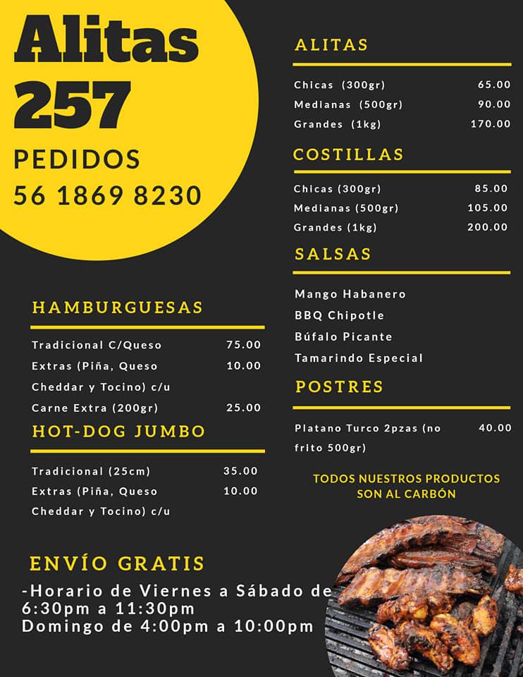 Menu at Alitas 257, Mexico City