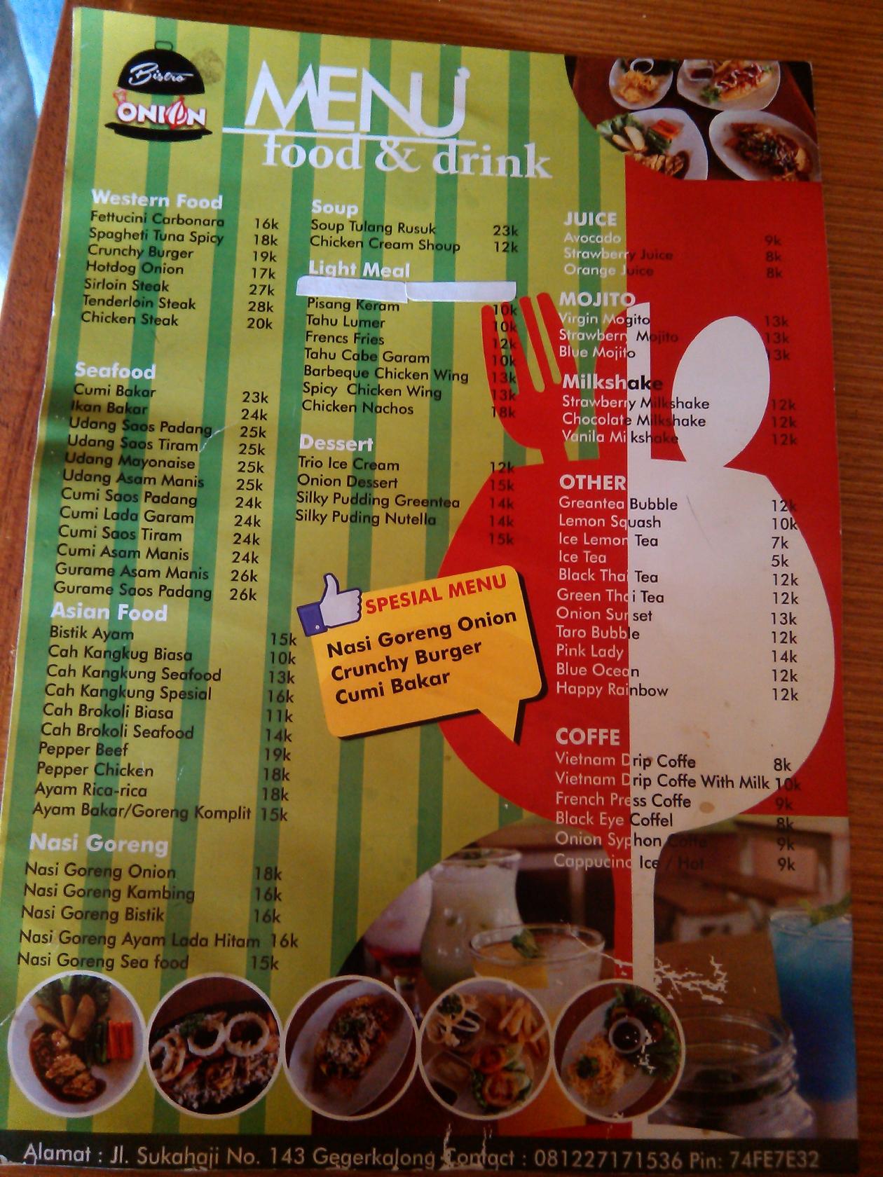 Menu at Bistro Onion, Bandung