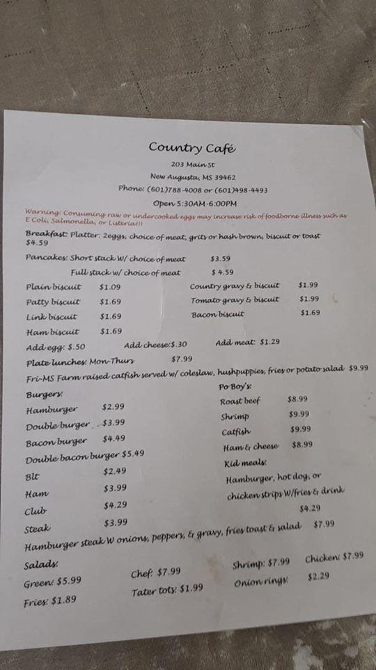 Menu at Country Cafe, New Augusta, 203 Maine St