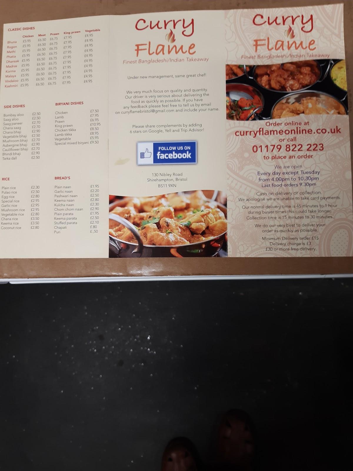 Menu at Curry Flame restaurant, Bristol