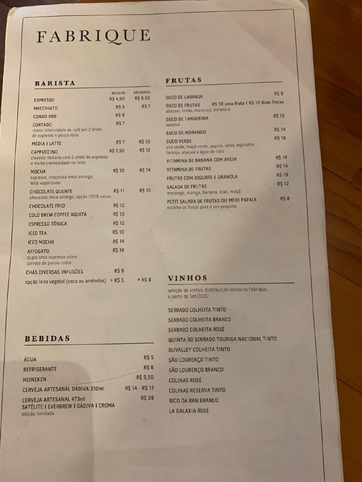 Menu at Fabrique Pão e Café, São Paulo, R. Itacolomi