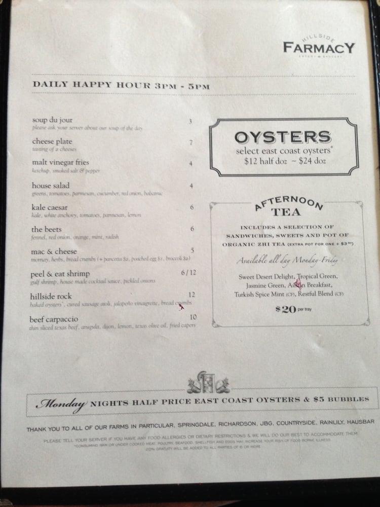 Menu at Hillside Farmacy pub & bar, Austin