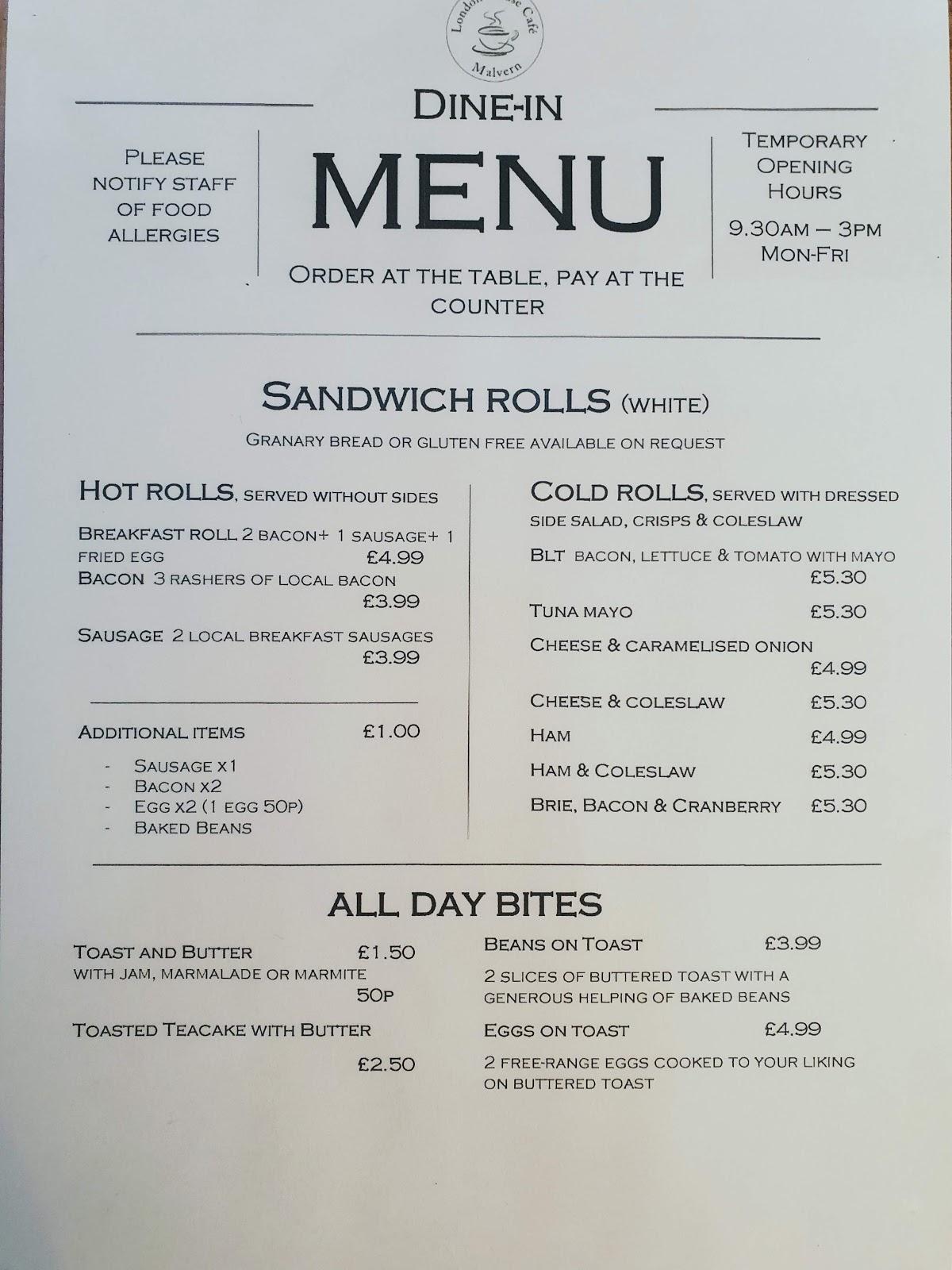 Menu at London House Café cafe, Malvern