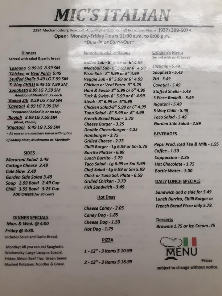Menu at Mic's Italian Restaurant, Springfield, Mechanicsburg Rd
