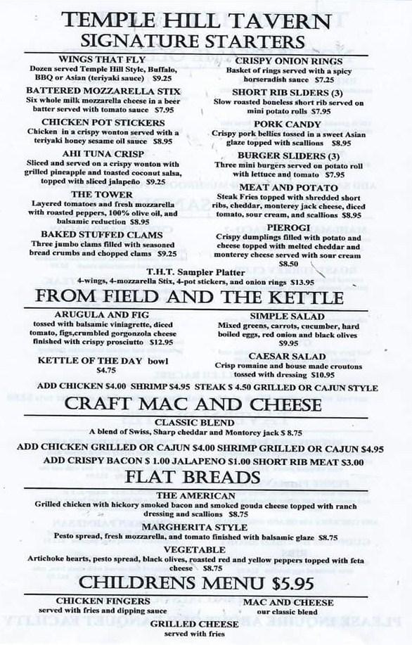 Menu at Temple Hill Tavern pub & bar, New Windsor