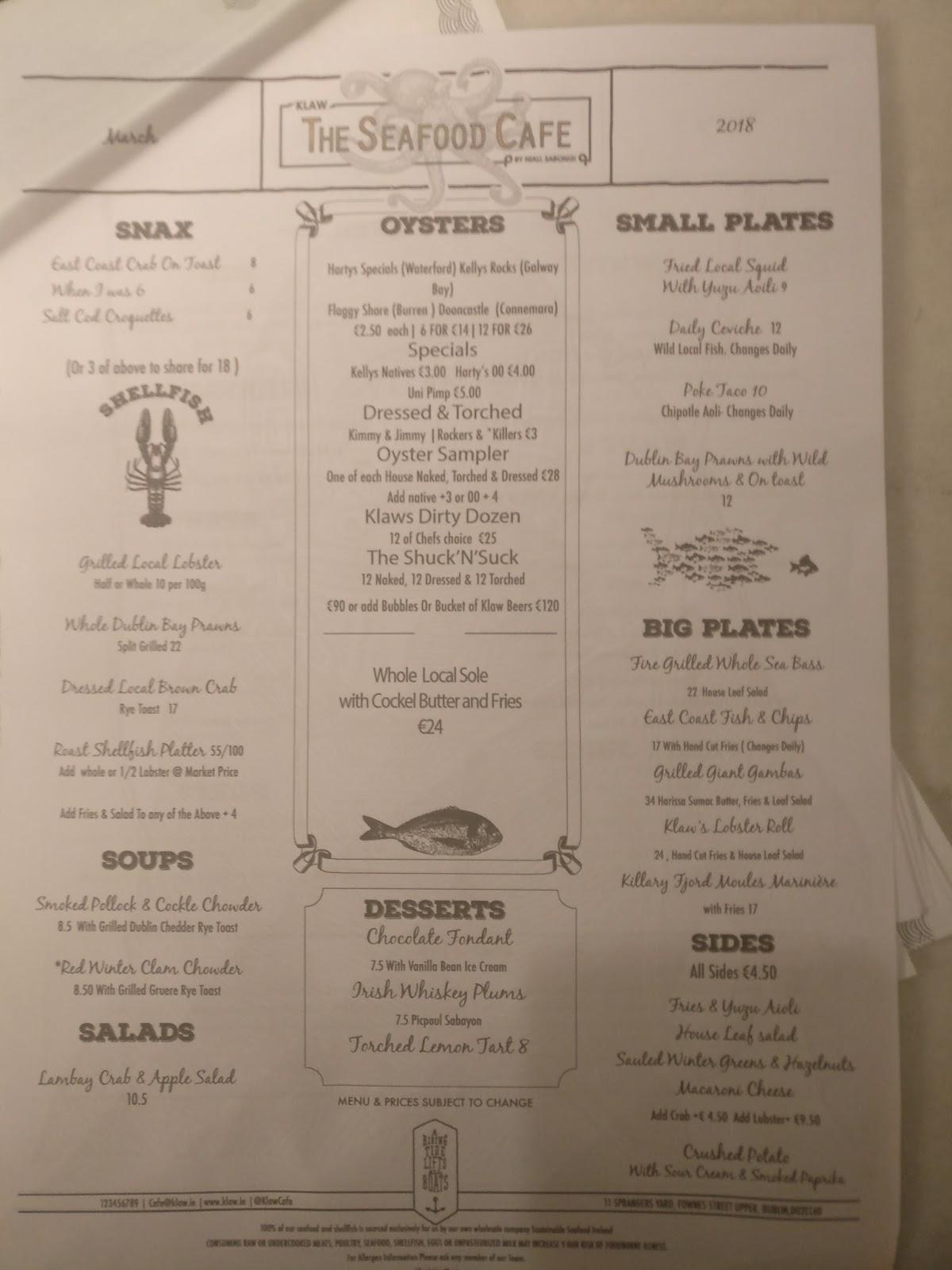 Carta de The Seafood Café by Niall Sabongi, Dublin