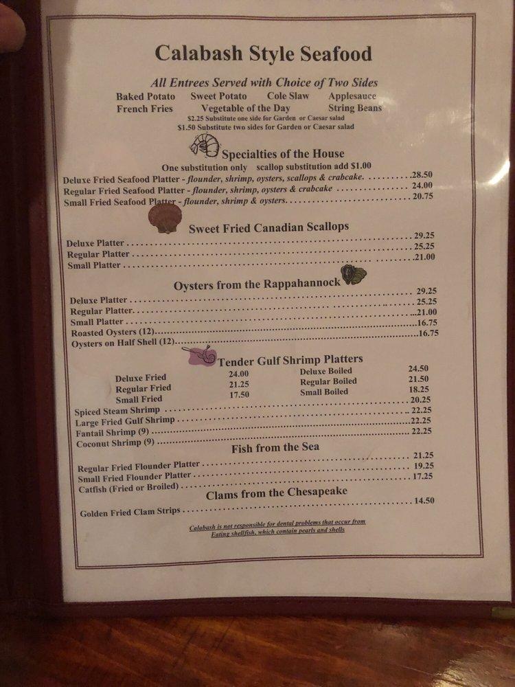 Menu at Calabash Seafood restaurant, Mechanicsville