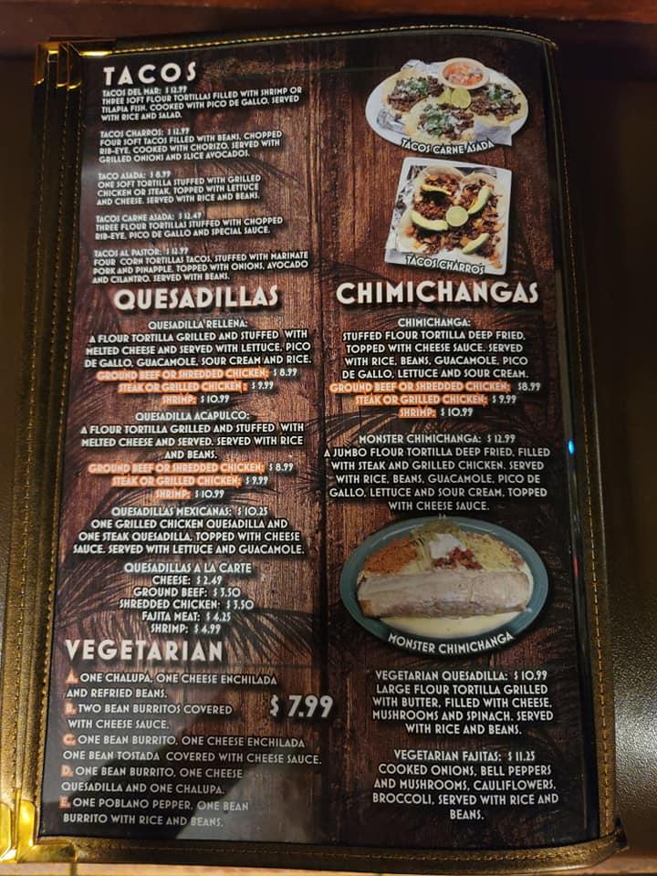 Menu at El Acapulco restaurant, Pocahontas, US-67