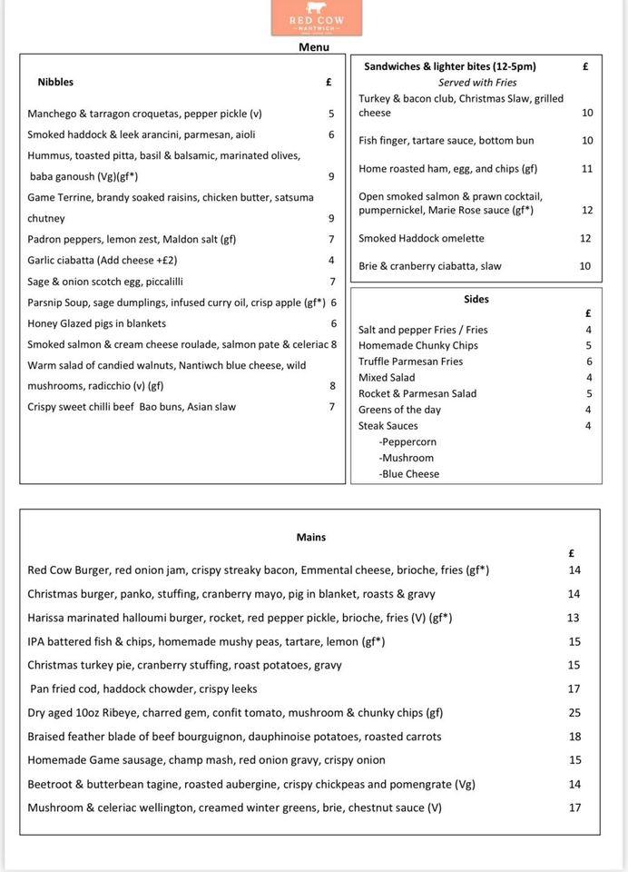 Menu at Red Cow, Nantwich pub & bar, Nantwich, 51 Beam St