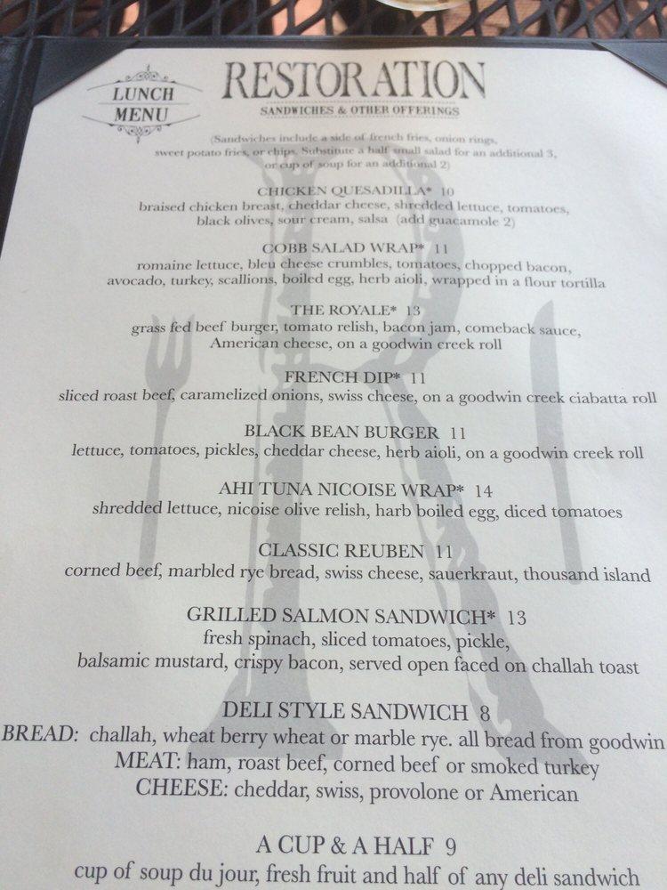 Menu at Restoration at Old Trail restaurant, Crozet