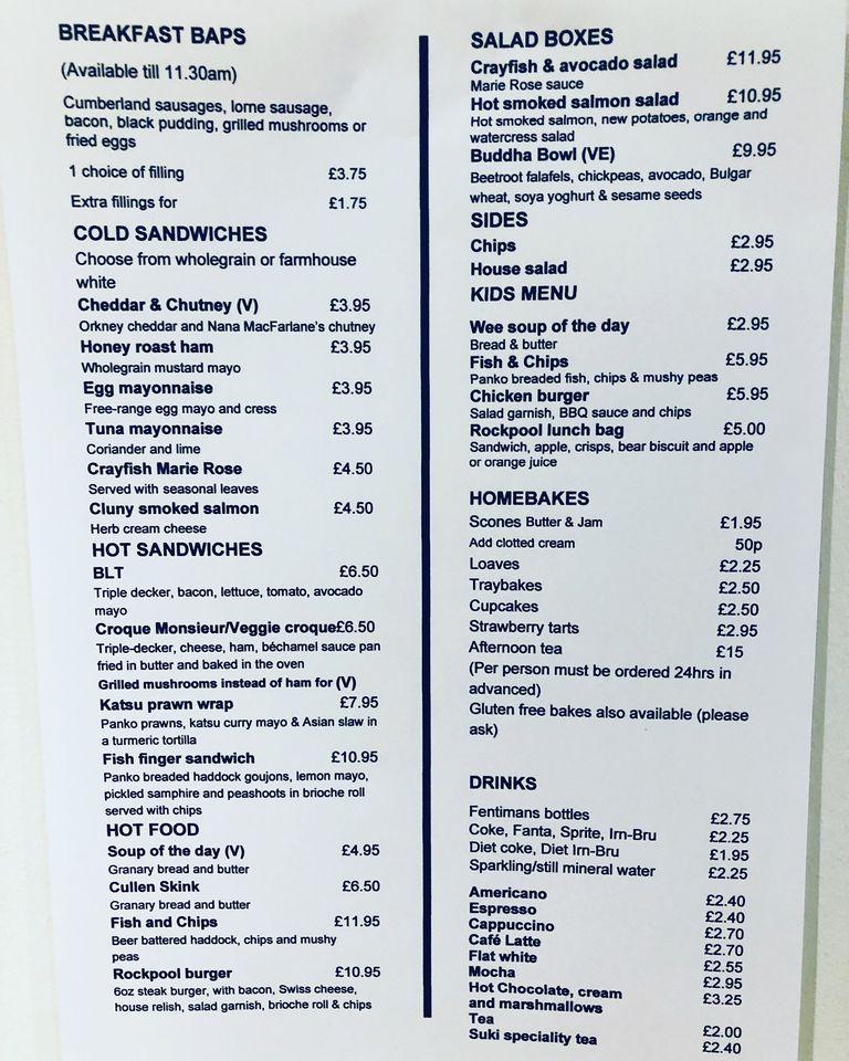 Menu at Rockpool Cafe, Cullen