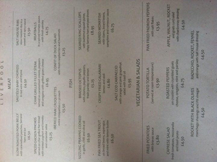 Menu at Salt House Tapas pub & bar, Liverpool