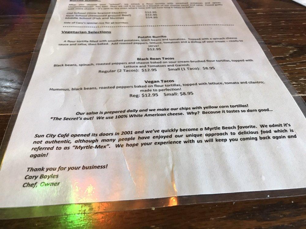 Menu at Sun City Cafe, Myrtle Beach