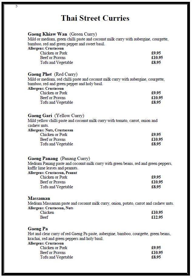 Menu at Thai Street Food restaurant, Worthing