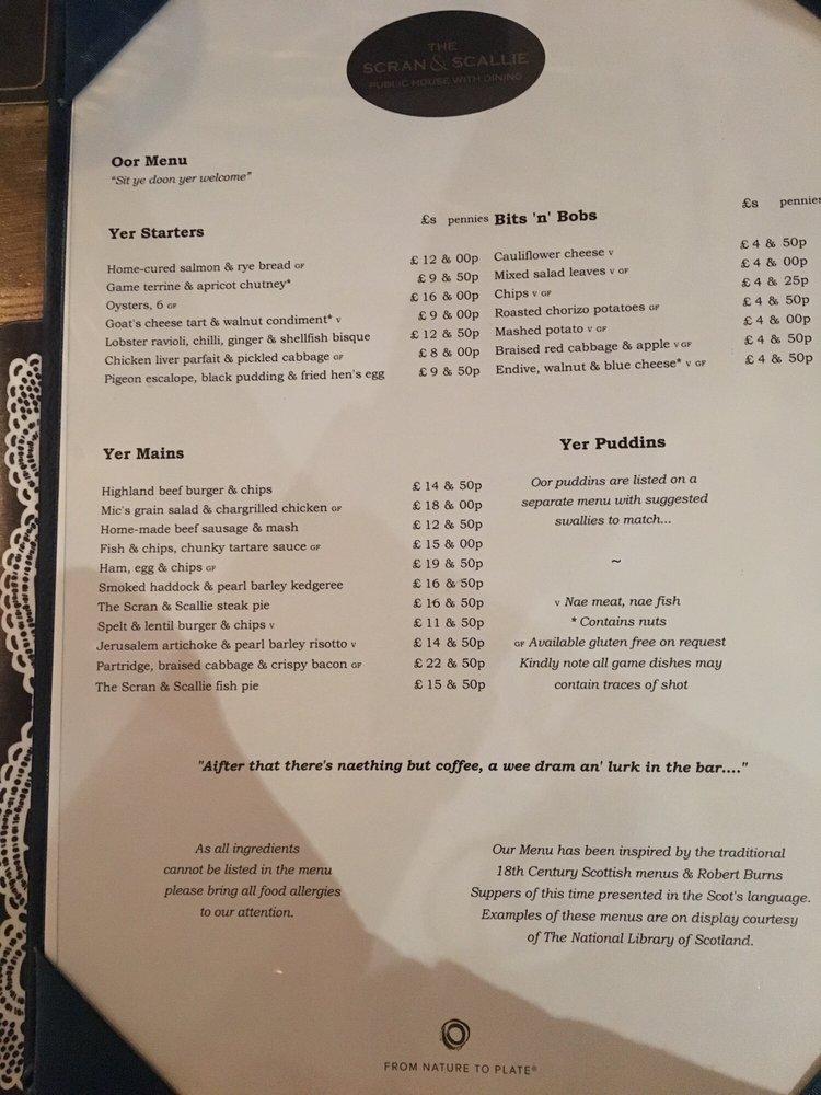 Menu at The Scran and Scallie pub & bar, Edinburgh