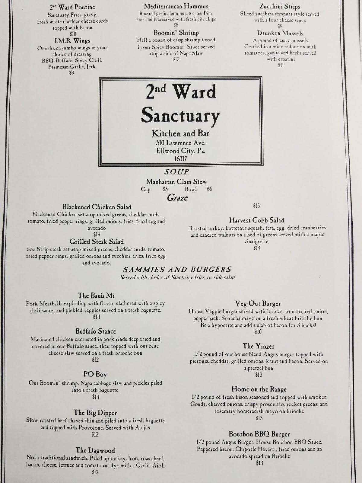 Menu at 2nd Ward Sanctuary pub & bar, Ellwood City