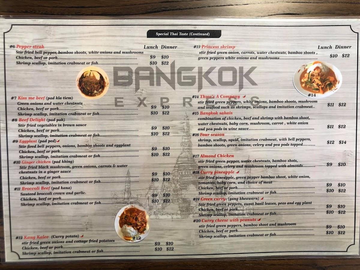 Menu at Bangkok Express restaurant, Flint