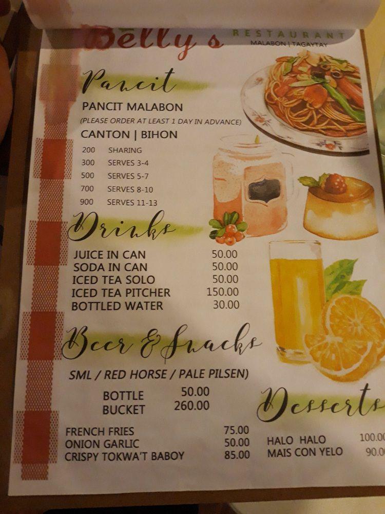 Menu at Belly's Restaurant, Malabon