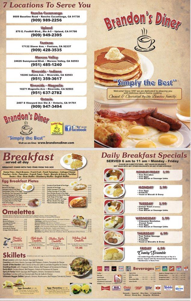 Menu at Brandon's Diner restaurant, Riverside, Indiana Ave