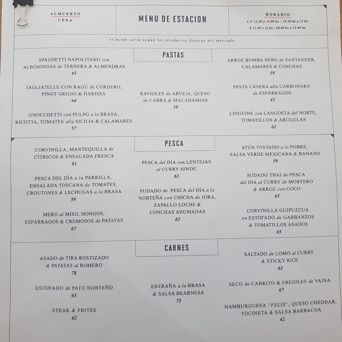 Menu at Felix Brasserie restaurant, Lima