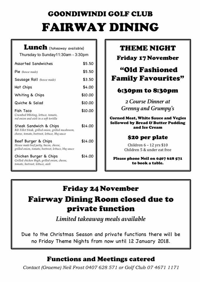 Menu at Goondiwindi Golf Club Kitchen, Goondiwindi