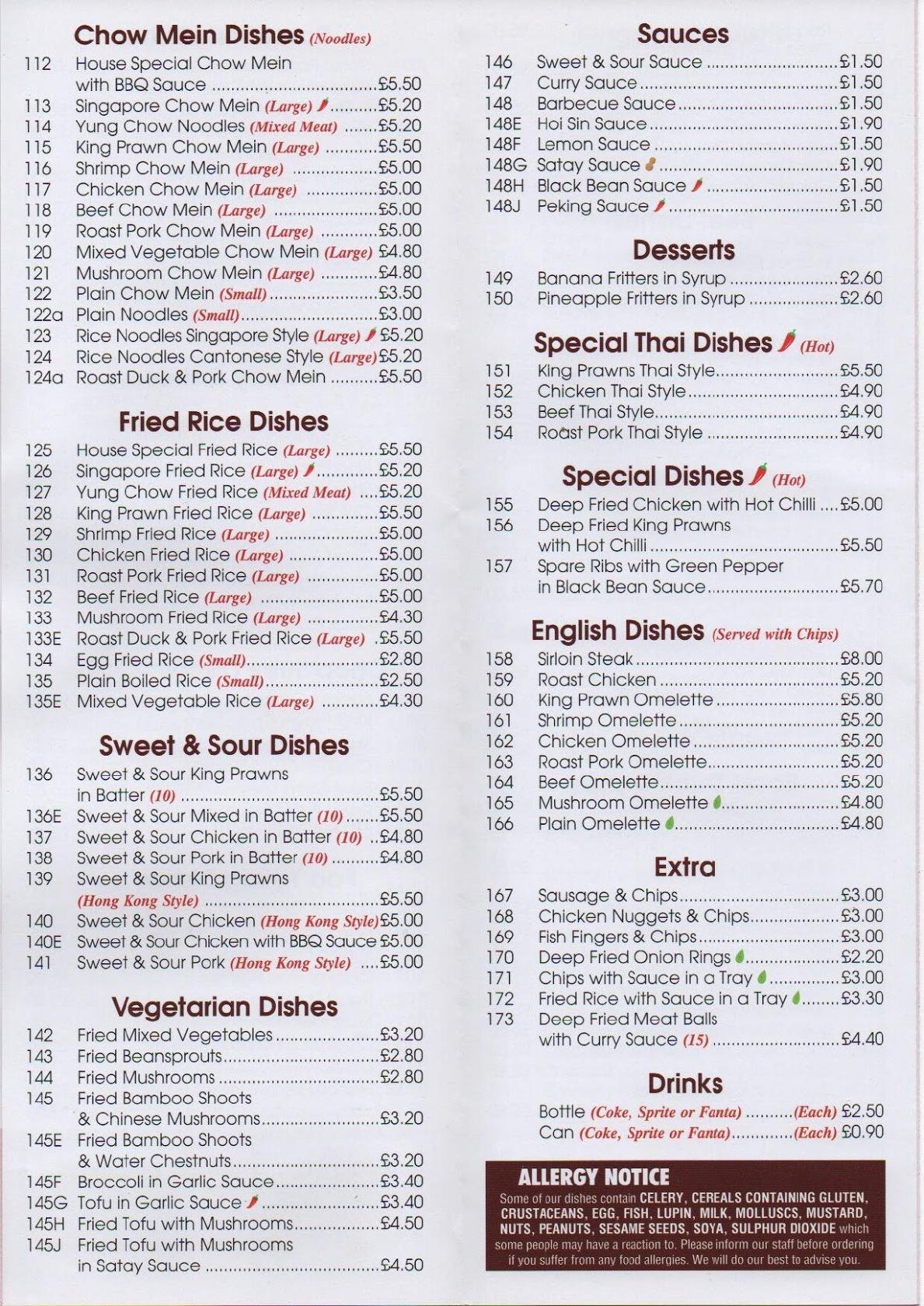 Menu at Hong Kong Chef fast food, Gosport