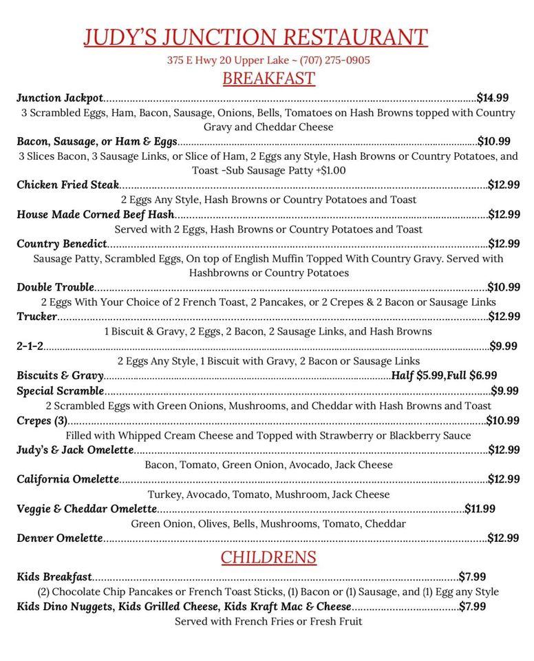 Menu at Judy's Junction restaurant, Upper Lake, 375 E Hwy 20