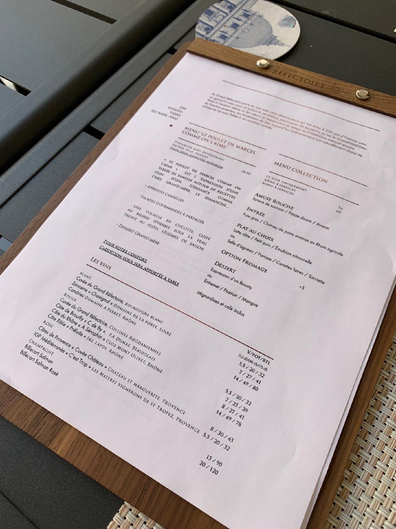 Menu at Le Grand Réfectoire restaurant, Lyon